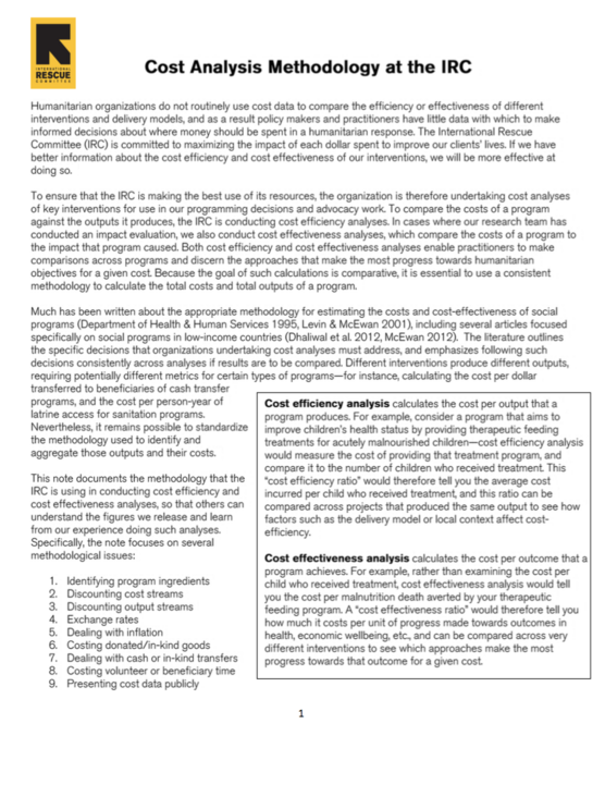 Cost Analysis Methodology At The IRC International Rescue Committee IRC Cost Analysis Methodology At The IRC International Rescue Committee IRC