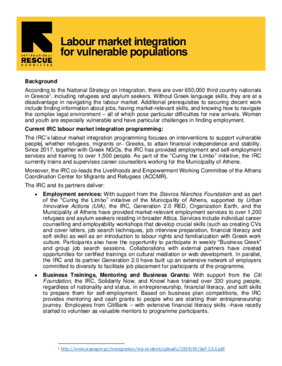 Labour market integration for vulnerable populations | The IRC in the EU