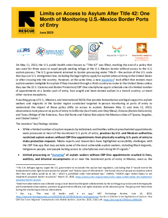 Limits on Access to Asylum After Title 42: One Month of Monitoring U.S ...