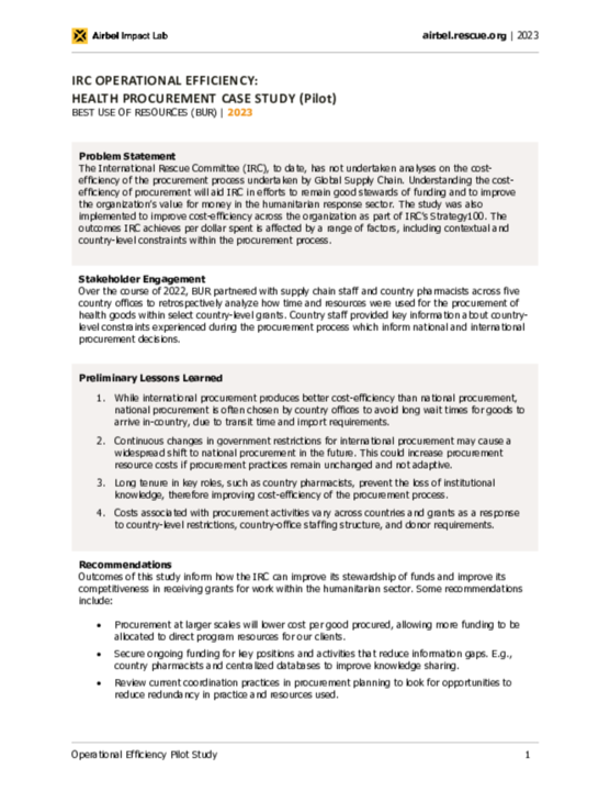 IRC Operational Efficiency: Health Procurement Case Study (Pilot) | The IRC