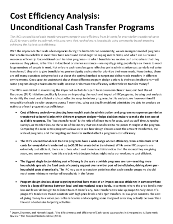 Cost efficiency: unconditional cash transfers | The IRC