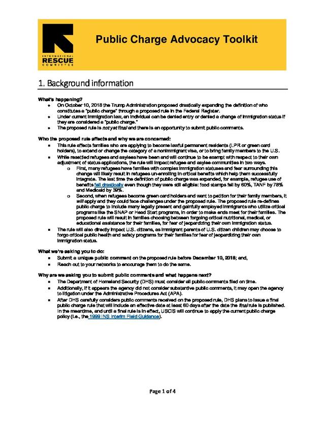 Advocacy toolkit: opposing proposed changes to “Public Charge ...